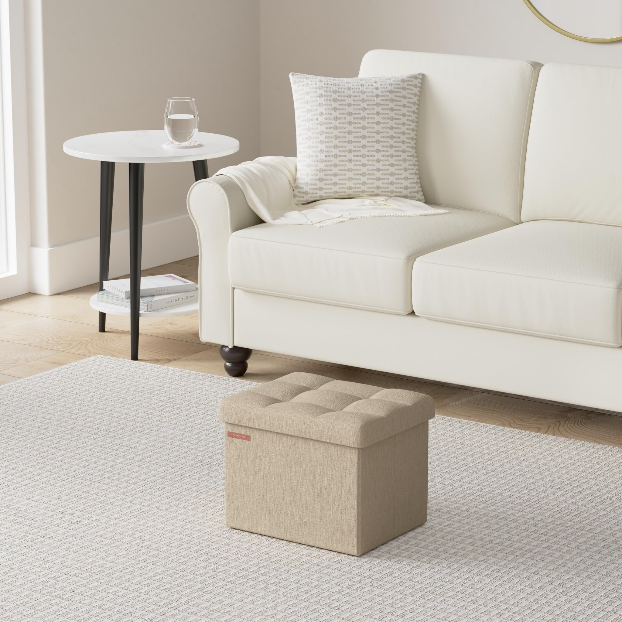 SONGMICS MAZIE Collection - Small Folding Storage Ottoman, Foot Rest Stool, 12.2 x 16.1 x 12.2 Inches, 286 lb Load Capacity, for Living Room, Bedroom, Home Office, Dorm, Light Taupe ULSF102K01