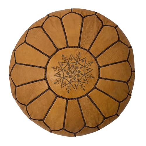 KESHMARK Luxury Handcrafted Moroccan Leather Pouf - Boho Chic Ottoman Seat & Footstool for Living Room Decor - Foot Rest - Round Ottoman (Light Tan with Brown Thread, Cover)