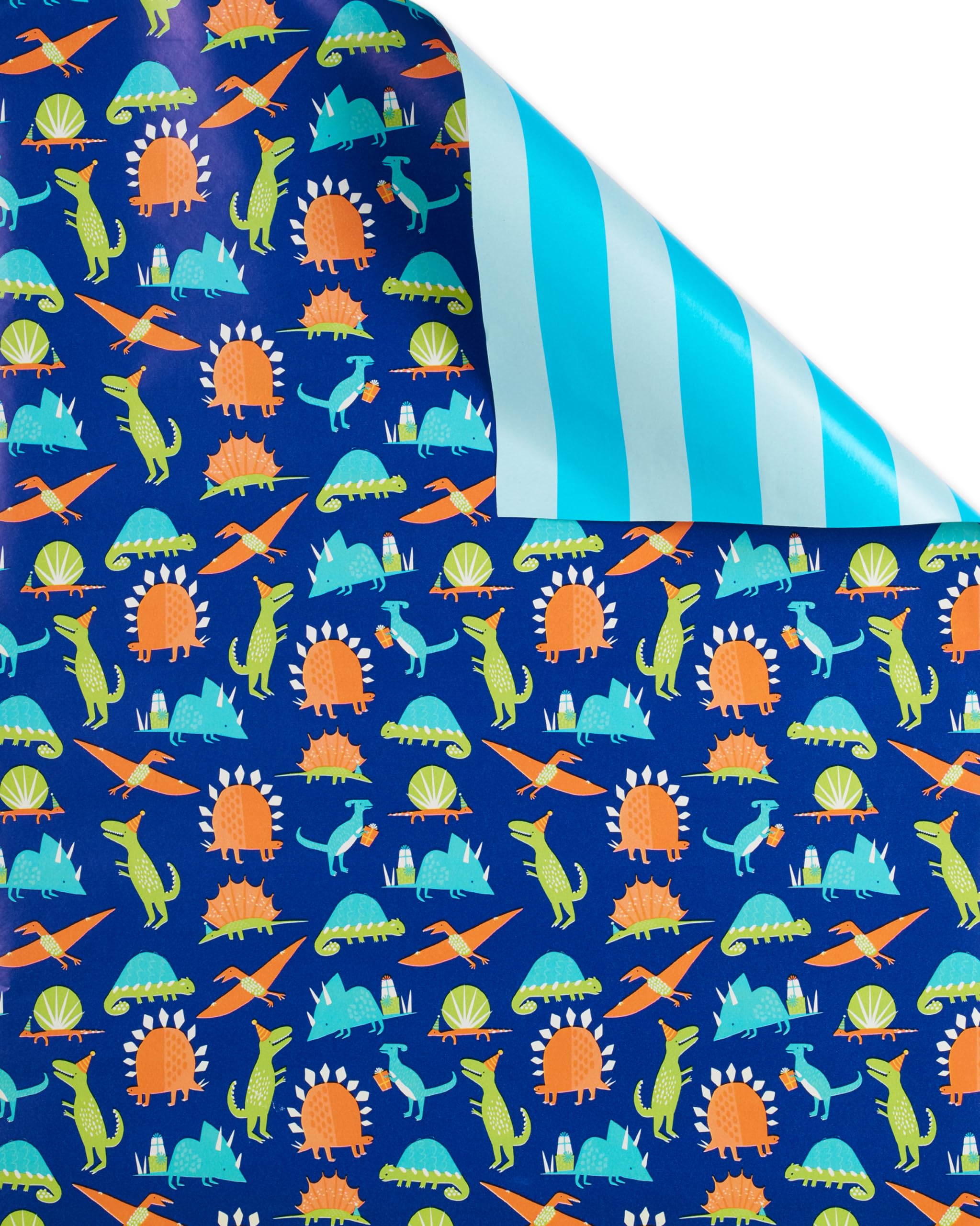 American Greetings Reversible Birthday Wrapping Paper for Kids, Dinosaurs and Unicorns (3 Rolls, 120 sq. ft)