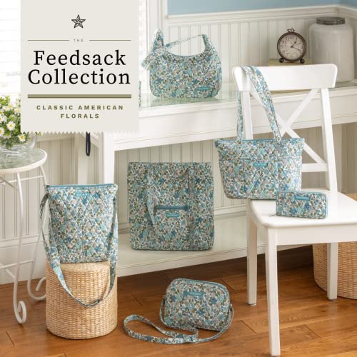 Bella Taylor Country Floral Feedsack Collection, Quilted Cotton Small Shoulder Tote Bag with Zipper for Women, Delicate Floral Blue