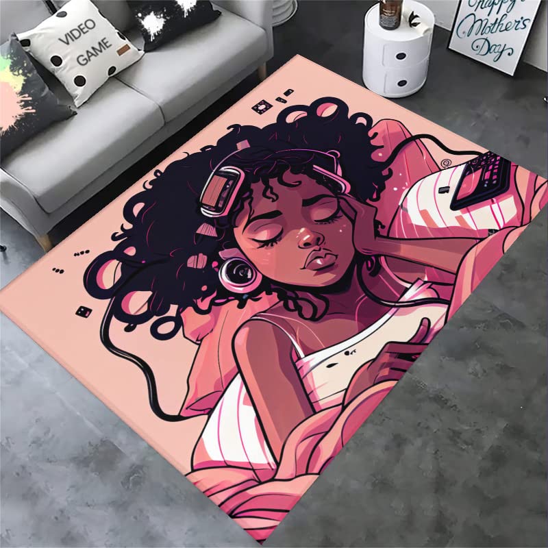 African American Black Girl Area Rug,Magic Girl Cartoon Rug for Teen Girls' Room,Non-Slip Area Carpet,Perfect for Bedroom Decor 36x24in