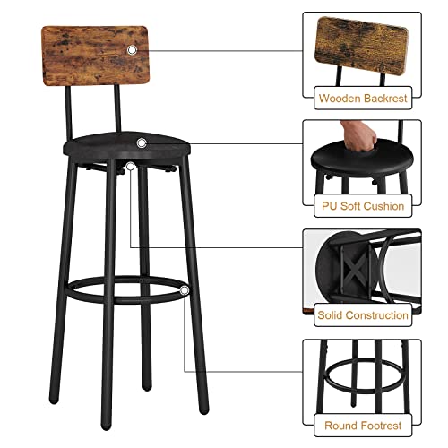 KIVENJAJA Bar Table and Chairs Set for 2, 3-Piece Small Square Pub Bistro Table and Upholstered Stools with Backrest, Counter Height Dining Table Set for Kitchen Small Space, Rustic Brown