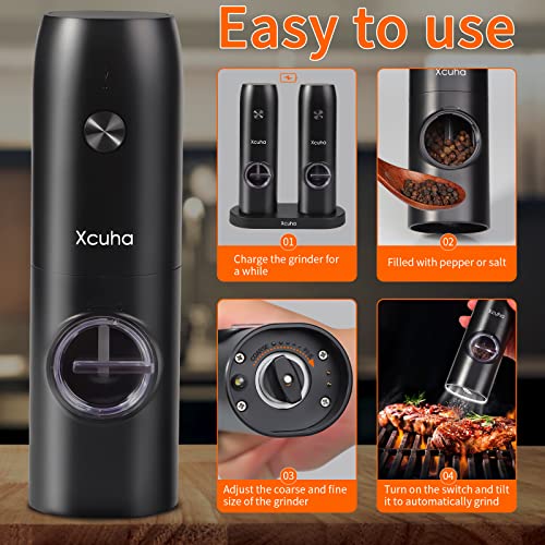 Rechargeable Automatic Salt and Pepper Grinder Set: Rechargeable Base Adjustable Coarseness Refillable Large Capacity One Hand Operated White LED Light Black Electric Spice Peppercorn Mill Shakers