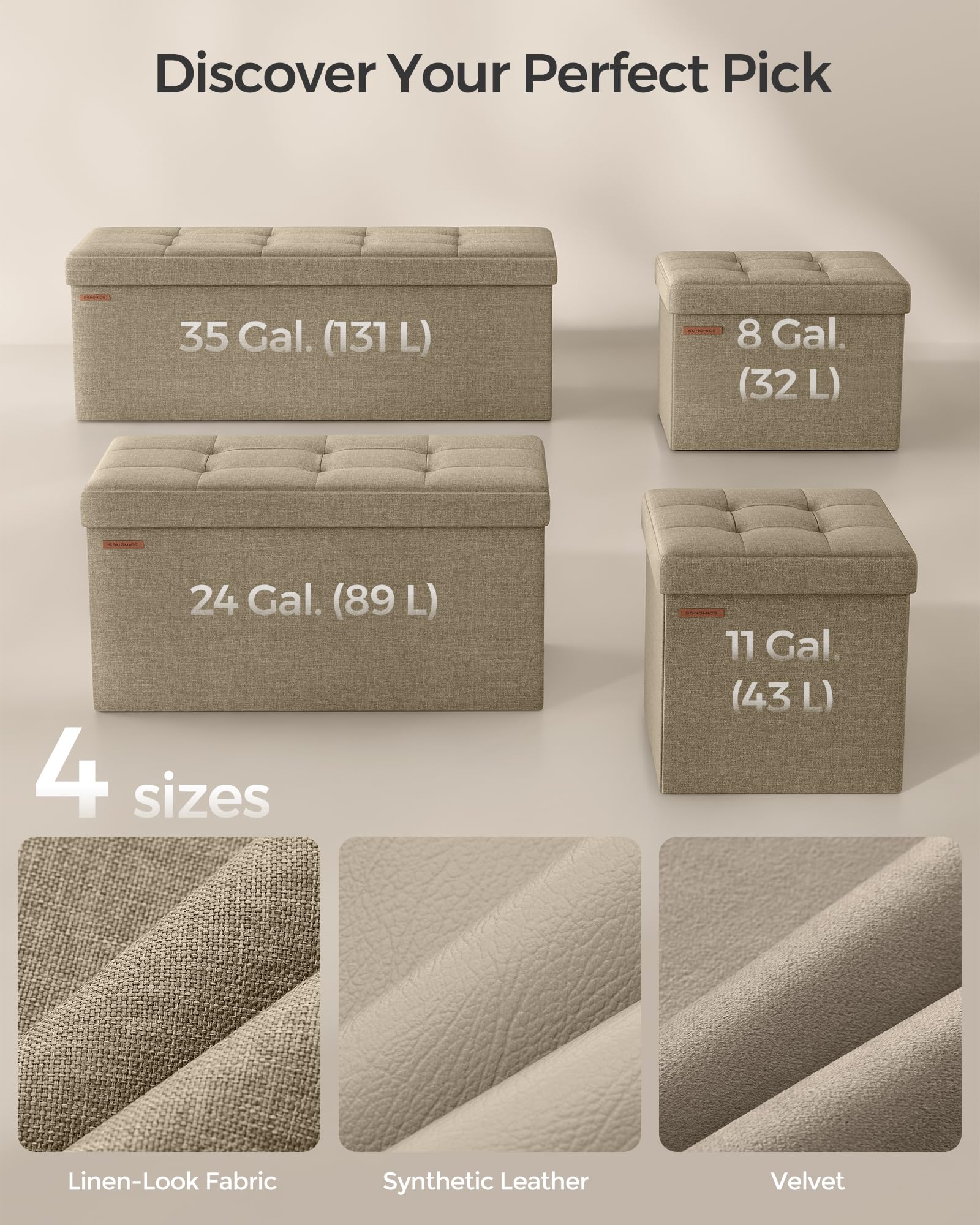 SONGMICS MAZIE Collection - Small Folding Storage Ottoman, Foot Rest Stool, 12.2 x 16.1 x 12.2 Inches, 286 lb Load Capacity, for Living Room, Bedroom, Home Office, Dorm, Light Taupe ULSF102K01