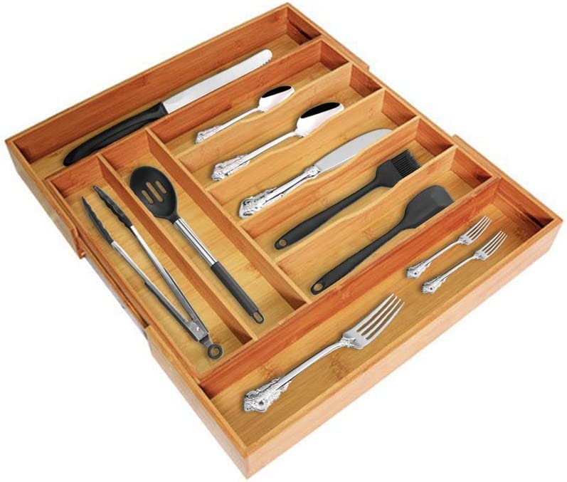 Bamboo Drawer Organizer Kitchen Silverware Utensil tray for Spoons Fork Cutlery Holder Cabinet with Expandable Dividers Adjustable Trays Wooden Flatware Storage Accessories Made with 100% Bamboo