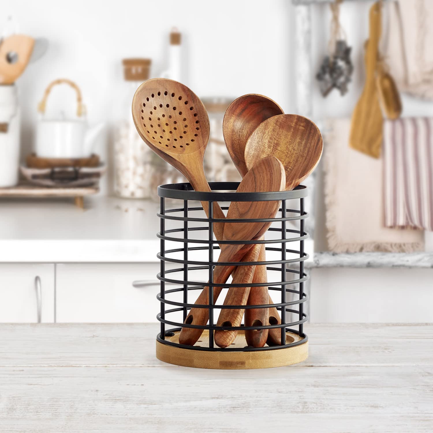 WDT Tool Utensil holder for Kitchen Counter - 5.2" x 5.2" x 6" Large Round Utensils Holder with Wooden Base Matte Black Cooking Utensil Holder,Kitchen countertop Utensil Organizer (Metal+Bamboo)