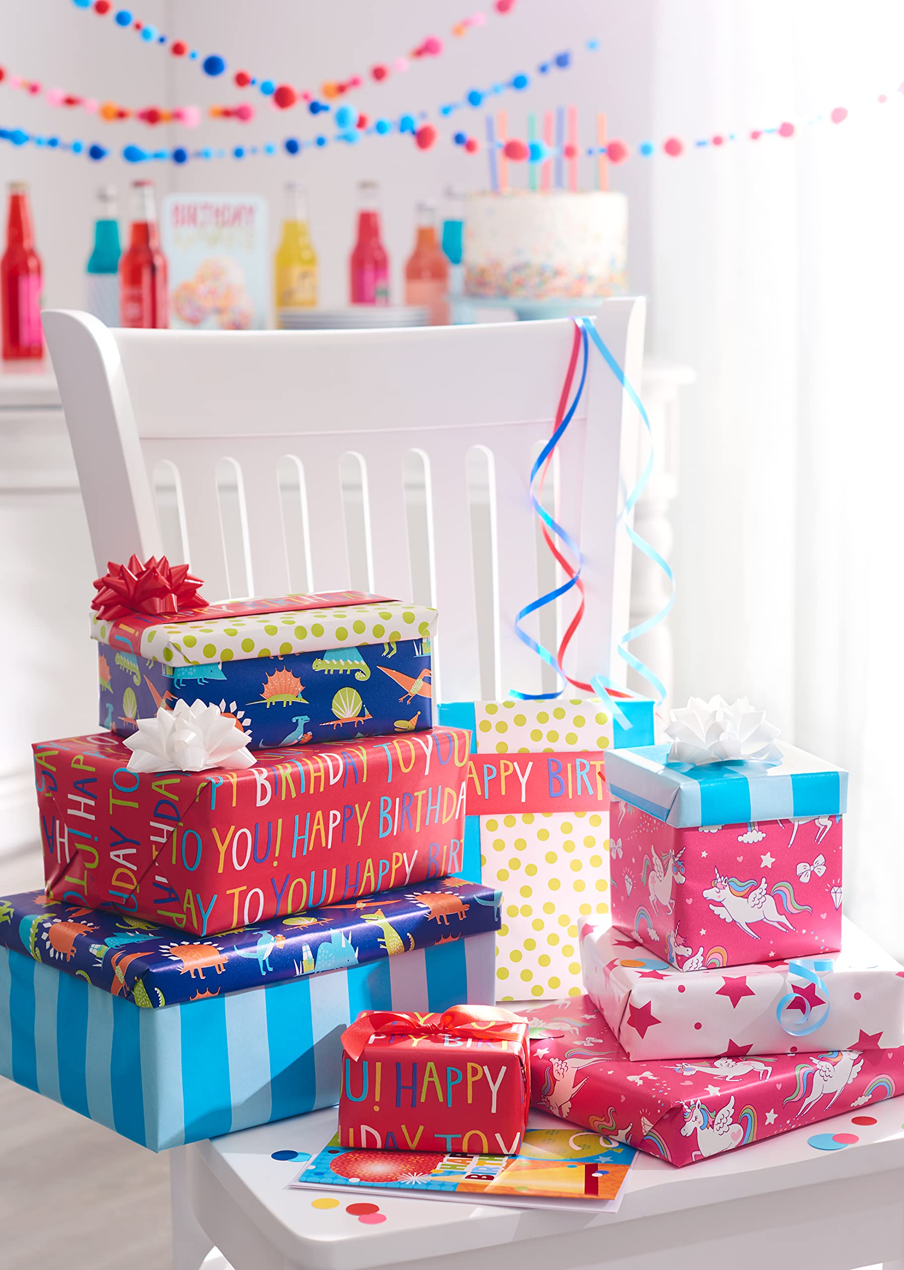 American Greetings Reversible Birthday Wrapping Paper for Kids, Dinosaurs and Unicorns (3 Rolls, 120 sq. ft)