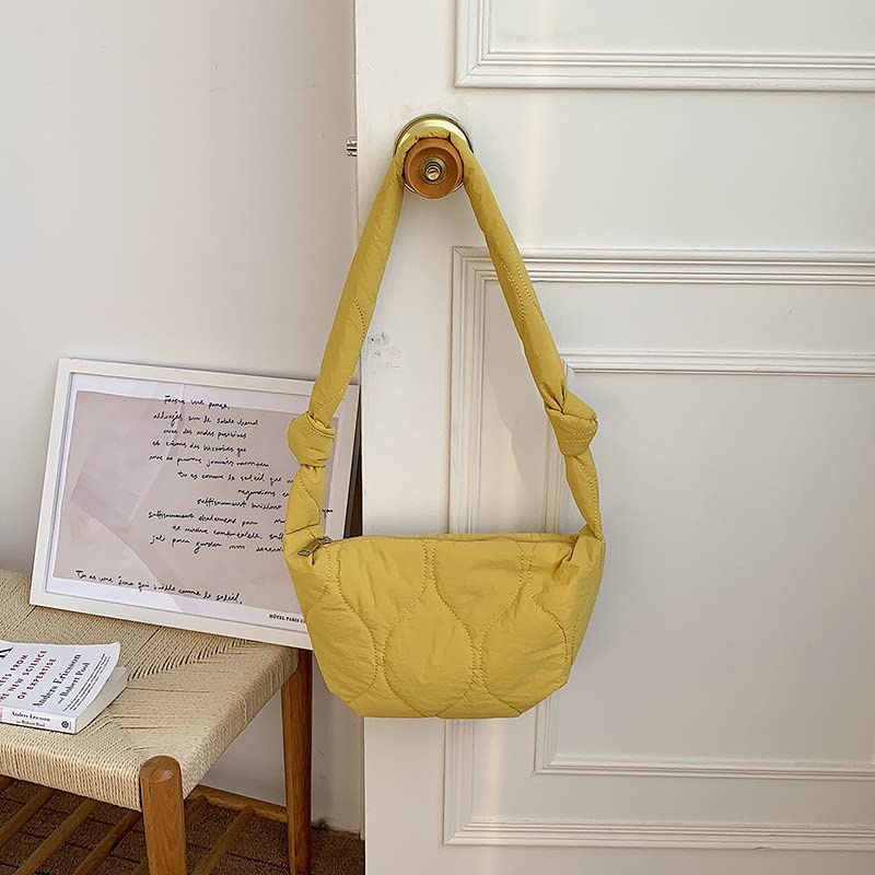 Bealin Women Puffer Shoulder Bag Small Quilted Tote Bag Lightweight Handbag with Zipper Cotton Handmade Bags Yellow