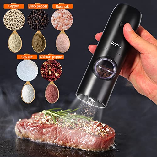 Rechargeable Automatic Salt and Pepper Grinder Set: Rechargeable Base Adjustable Coarseness Refillable Large Capacity One Hand Operated White LED Light Black Electric Spice Peppercorn Mill Shakers
