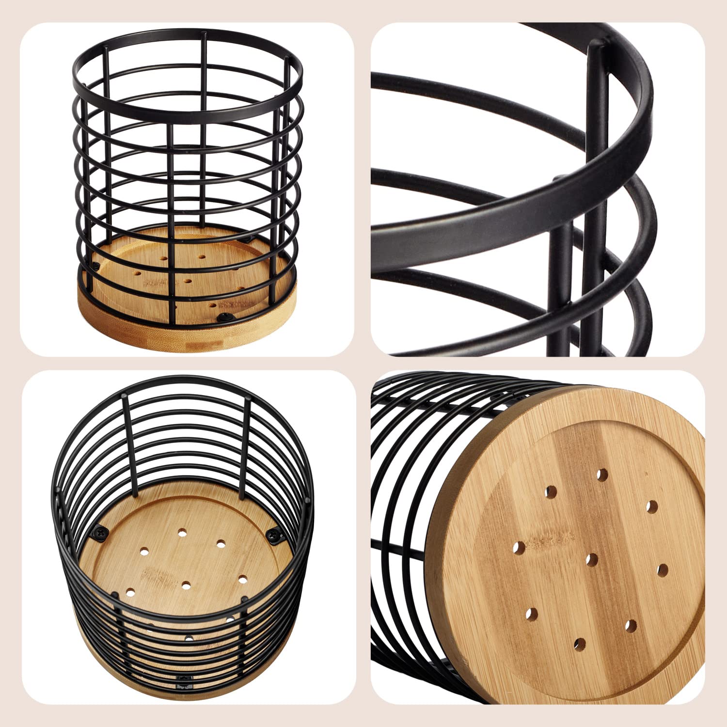 WDT Tool Utensil holder for Kitchen Counter - 5.2" x 5.2" x 6" Large Round Utensils Holder with Wooden Base Matte Black Cooking Utensil Holder,Kitchen countertop Utensil Organizer (Metal+Bamboo)