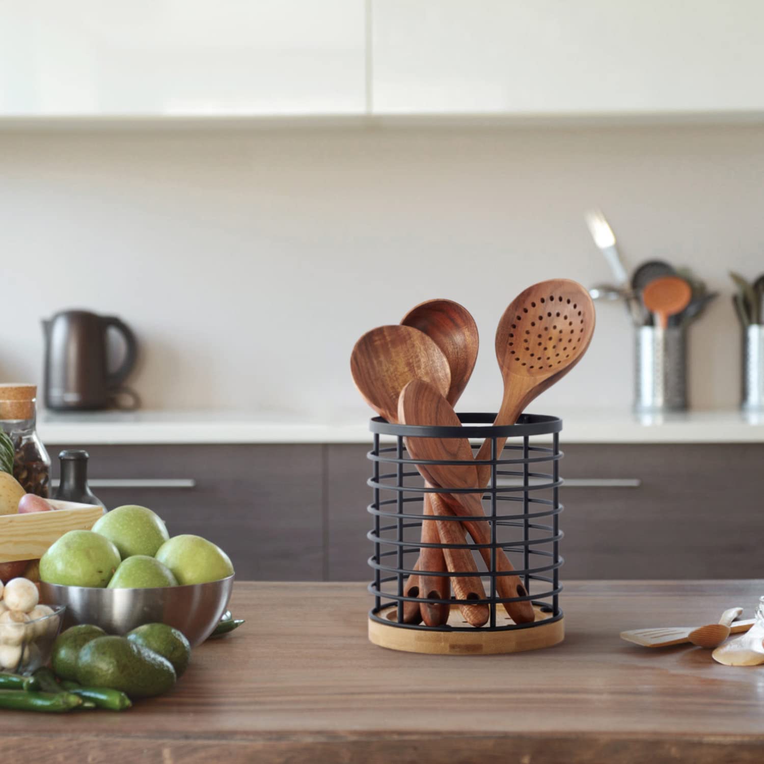 WDT Tool Utensil holder for Kitchen Counter - 5.2" x 5.2" x 6" Large Round Utensils Holder with Wooden Base Matte Black Cooking Utensil Holder,Kitchen countertop Utensil Organizer (Metal+Bamboo)