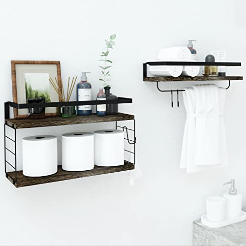 JOVONE Bathroom Shelves with Tissue Rack &Towel Bar, Wall Mounted Floating Shelves, Multifunctional Storage Rack for Bathroom, Kitchen, Bedroom and Living Room, Set of 2 (Carbonized Dark Black)