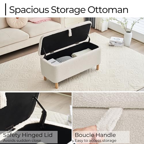 Boucle Storage Ottoman Bench for Bedroom end of Bed, Sherpa Upholstered Shoe Seat Storage Beach for Entryway Bed Foot, Rectangle Cushion Padded Blanket Chest Cute for Living Room, White