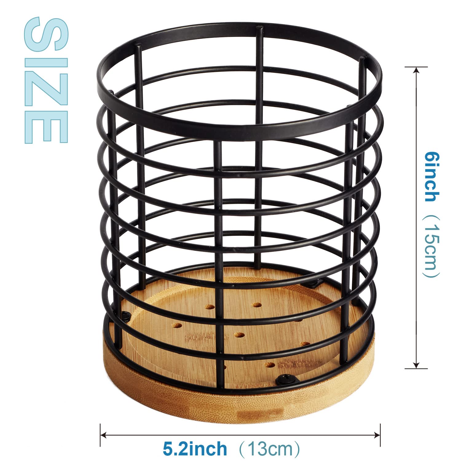 WDT Tool Utensil holder for Kitchen Counter - 5.2" x 5.2" x 6" Large Round Utensils Holder with Wooden Base Matte Black Cooking Utensil Holder,Kitchen countertop Utensil Organizer (Metal+Bamboo)