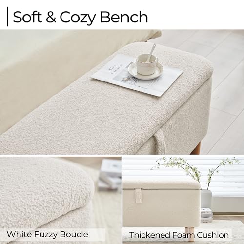 Boucle Storage Ottoman Bench for Bedroom end of Bed, Sherpa Upholstered Shoe Seat Storage Beach for Entryway Bed Foot, Rectangle Cushion Padded Blanket Chest Cute for Living Room, White