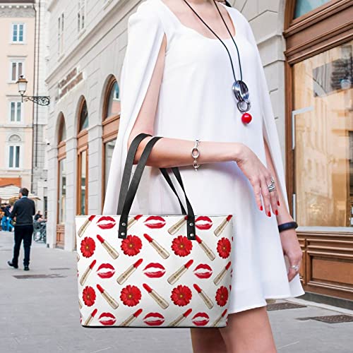 Womens Handbag Red Lipstick And Flowers Leather Tote Bag Top Handle Satchel Bags For Lady