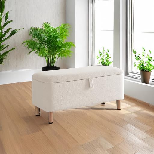 Boucle Storage Ottoman Bench for Bedroom end of Bed, Sherpa Upholstered Shoe Seat Storage Beach for Entryway Bed Foot, Rectangle Cushion Padded Blanket Chest Cute for Living Room, White