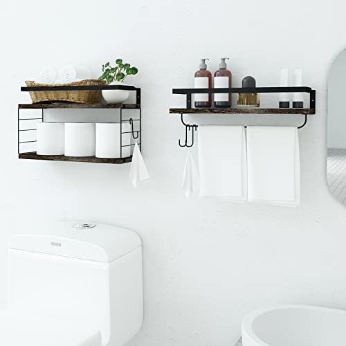 JOVONE Bathroom Shelves with Tissue Rack &Towel Bar, Wall Mounted Floating Shelves, Multifunctional Storage Rack for Bathroom, Kitchen, Bedroom and Living Room, Set of 2 (Carbonized Dark Black)