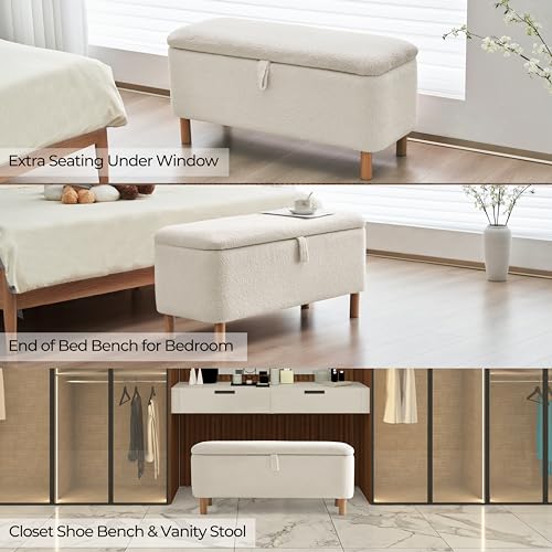 Boucle Storage Ottoman Bench for Bedroom end of Bed, Sherpa Upholstered Shoe Seat Storage Beach for Entryway Bed Foot, Rectangle Cushion Padded Blanket Chest Cute for Living Room, White