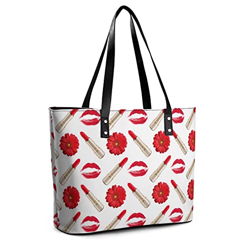 Womens Handbag Red Lipstick And Flowers Leather Tote Bag Top Handle Satchel Bags For Lady
