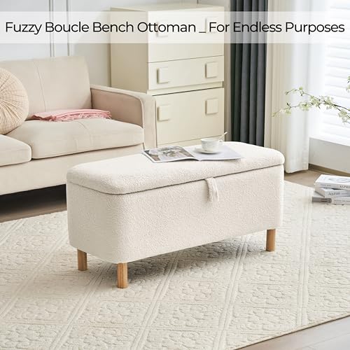 Boucle Storage Ottoman Bench for Bedroom end of Bed, Sherpa Upholstered Shoe Seat Storage Beach for Entryway Bed Foot, Rectangle Cushion Padded Blanket Chest Cute for Living Room, White