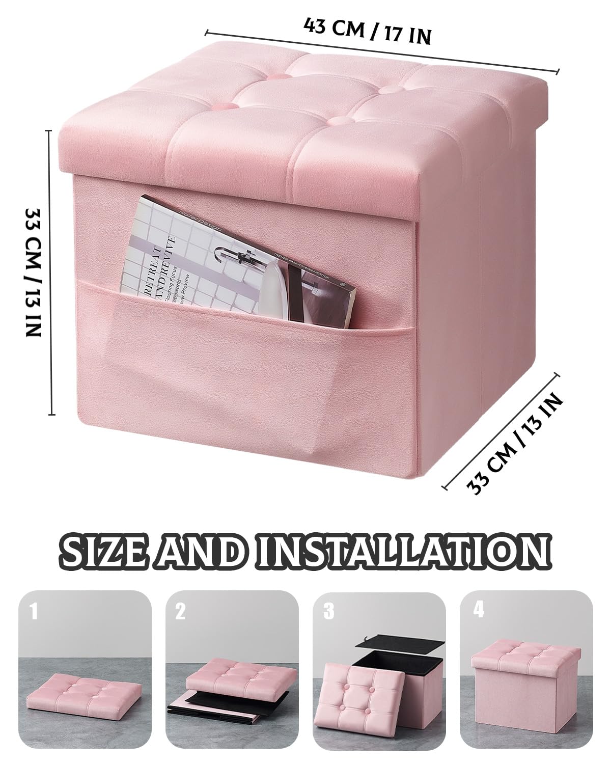 Storage Ottoman Foot Stool, 17 inches Folding Ottoman with Storage, Velvet Storage Bench with Side Pocket, Foot Rest for Living Room, Bedroom, Pink