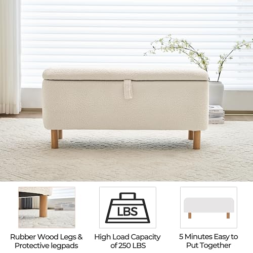Boucle Storage Ottoman Bench for Bedroom end of Bed, Sherpa Upholstered Shoe Seat Storage Beach for Entryway Bed Foot, Rectangle Cushion Padded Blanket Chest Cute for Living Room, White