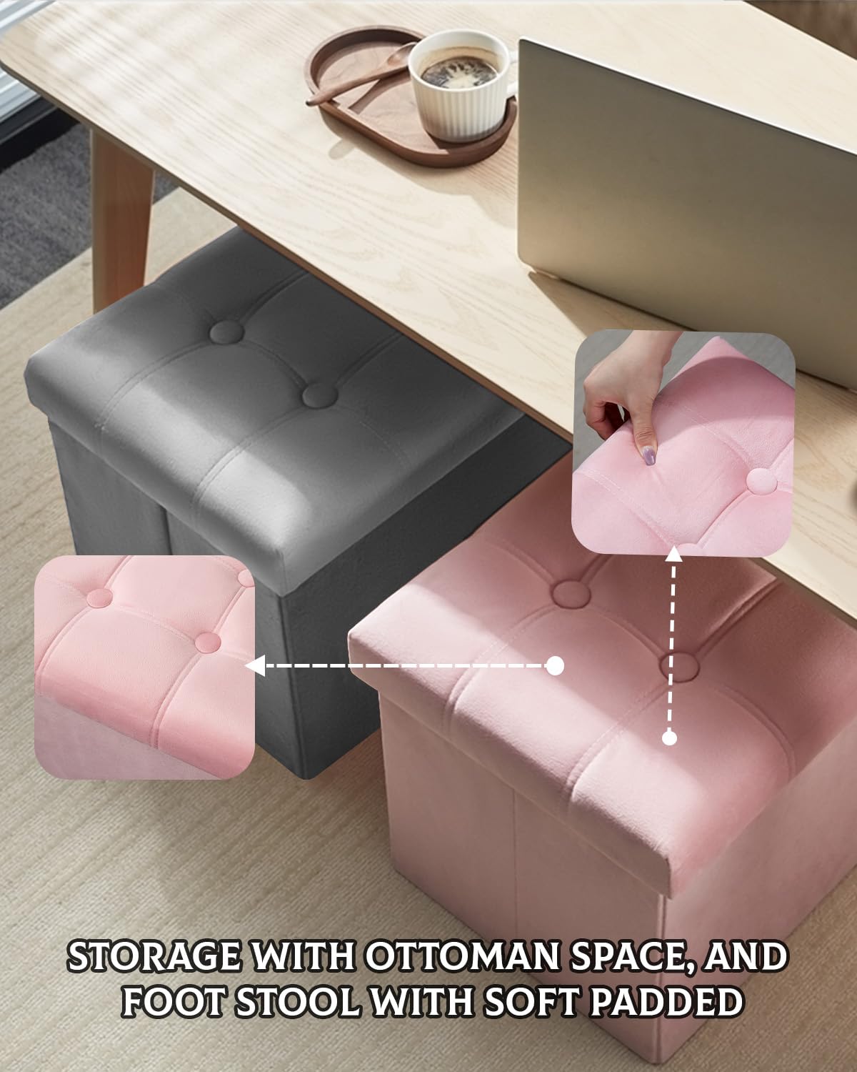 Storage Ottoman Foot Stool, 17 inches Folding Ottoman with Storage, Velvet Storage Bench with Side Pocket, Foot Rest for Living Room, Bedroom, Pink