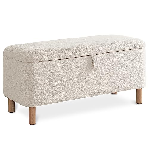 Boucle Storage Ottoman Bench for Bedroom end of Bed, Sherpa Upholstered Shoe Seat Storage Beach for Entryway Bed Foot, Rectangle Cushion Padded Blanket Chest Cute for Living Room, White