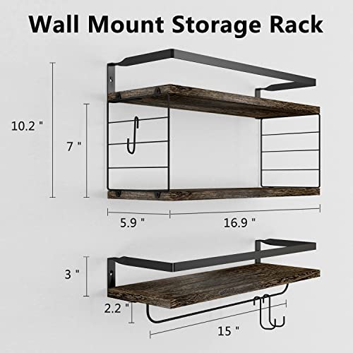 JOVONE Bathroom Shelves with Tissue Rack &Towel Bar, Wall Mounted Floating Shelves, Multifunctional Storage Rack for Bathroom, Kitchen, Bedroom and Living Room, Set of 2 (Carbonized Dark Black)