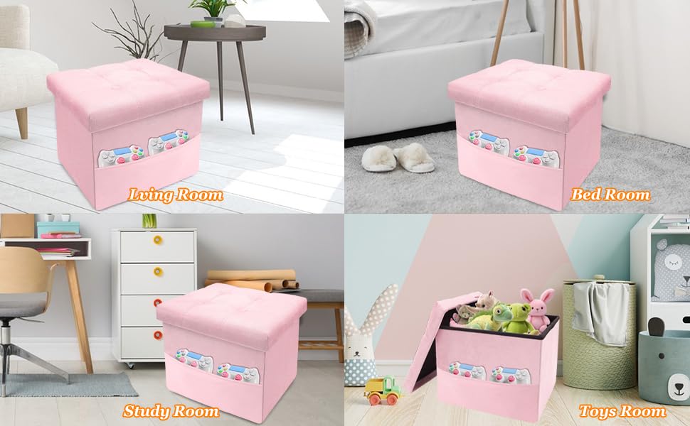 Storage Ottoman Foot Stool, 17 inches Folding Ottoman with Storage, Velvet Storage Bench with Side Pocket, Foot Rest for Living Room, Bedroom, Pink
