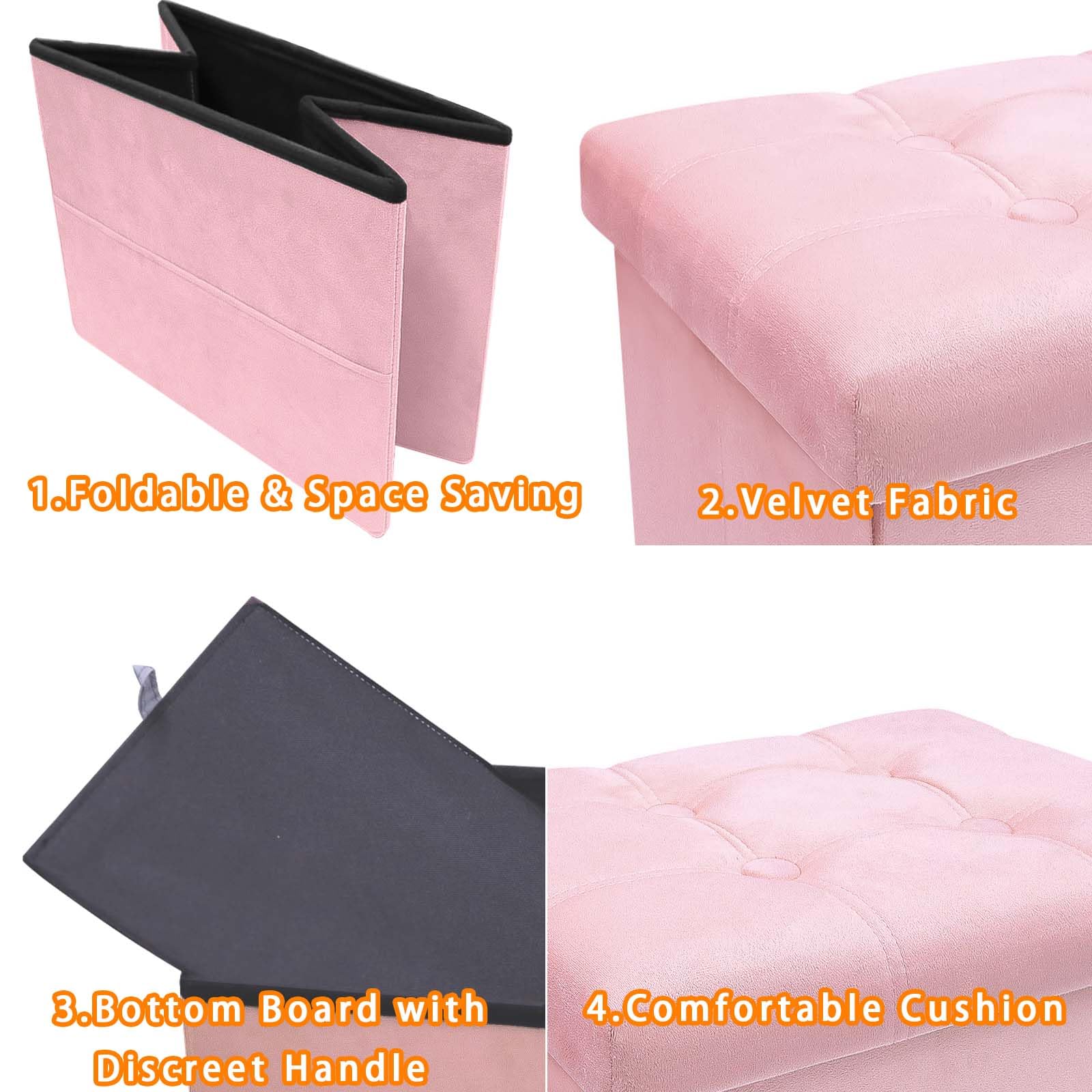 Storage Ottoman Foot Stool, 17 inches Folding Ottoman with Storage, Velvet Storage Bench with Side Pocket, Foot Rest for Living Room, Bedroom, Pink