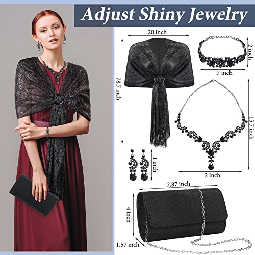 Tiamon 5 Pcs Rhinestone Jewelry Sets Silver Shawls and Wraps Formal Clutch Purses for Women Evening Dresses Bridal Weddings (Black, Glitter)