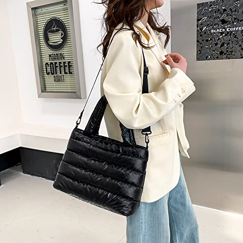 AZURAOKEY Puffer Tote Bag for Women, Quilted Cotton Padded Handbag, Women Soft Lattice Pattern Shoulder Bag Winter Down Cotton Padded Shoulder Bag Down Padding-Black