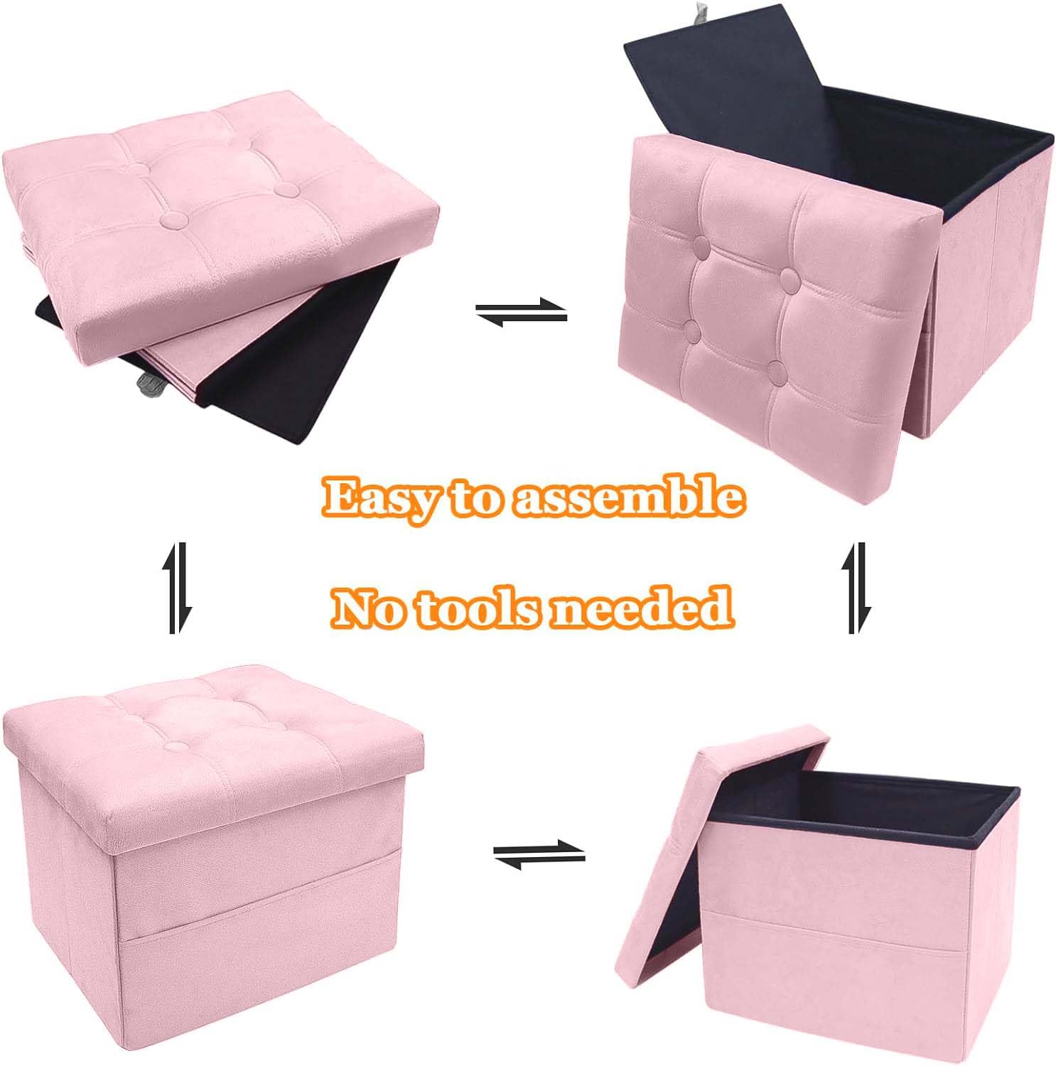 Storage Ottoman Foot Stool, 17 inches Folding Ottoman with Storage, Velvet Storage Bench with Side Pocket, Foot Rest for Living Room, Bedroom, Pink