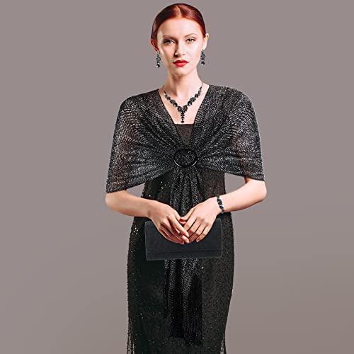 Tiamon 5 Pcs Rhinestone Jewelry Sets Silver Shawls and Wraps Formal Clutch Purses for Women Evening Dresses Bridal Weddings (Black, Glitter)