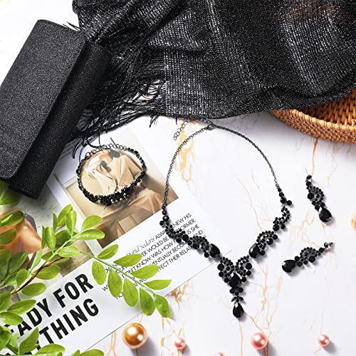 Tiamon 5 Pcs Rhinestone Jewelry Sets Silver Shawls and Wraps Formal Clutch Purses for Women Evening Dresses Bridal Weddings (Black, Glitter)