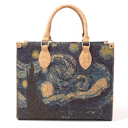 Vegan Cork Tote Bag Shoulder bag handbag with Starry night pattern natural, plant based product Eco Friendly gift