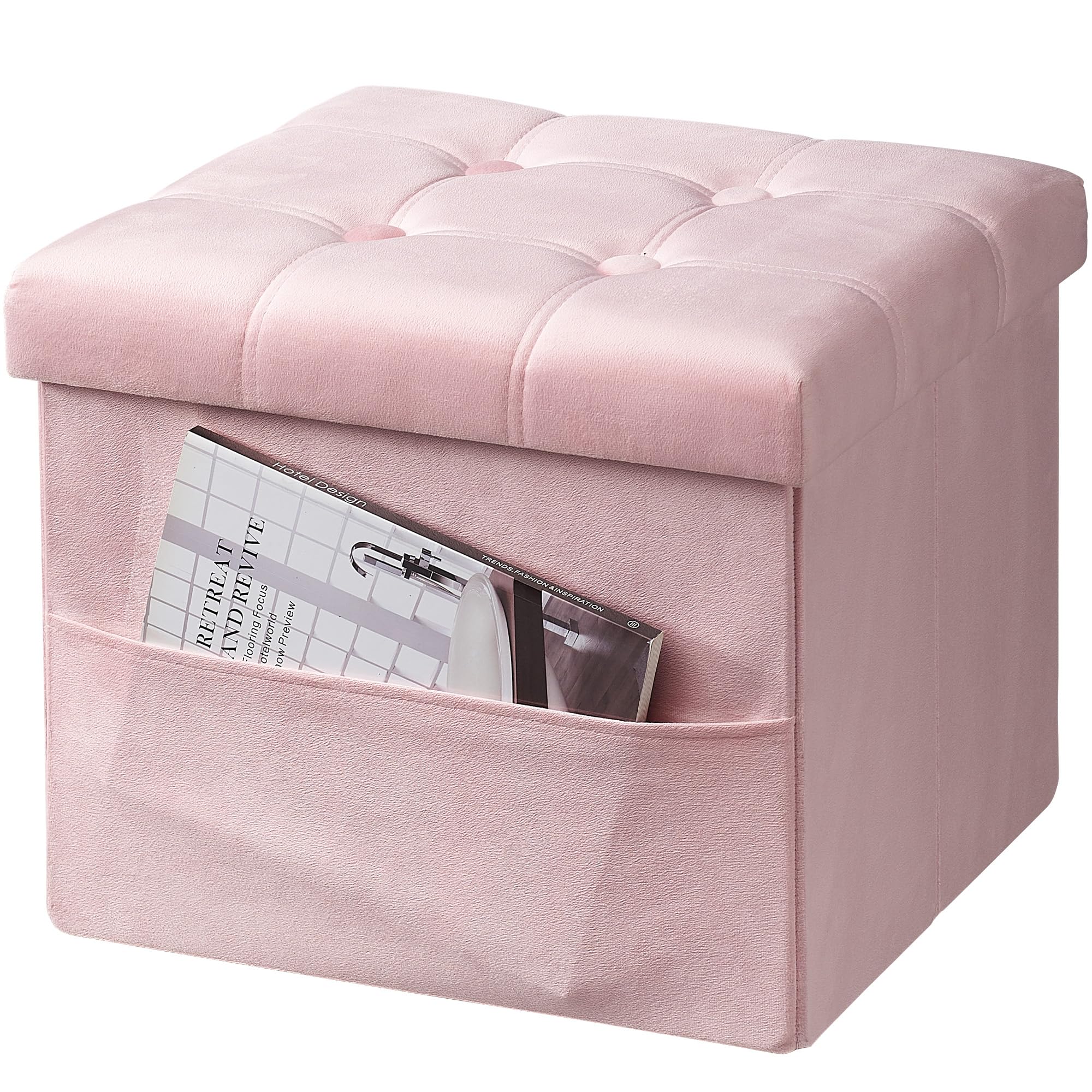 Storage Ottoman Foot Stool, 17 inches Folding Ottoman with Storage, Velvet Storage Bench with Side Pocket, Foot Rest for Living Room, Bedroom, Pink