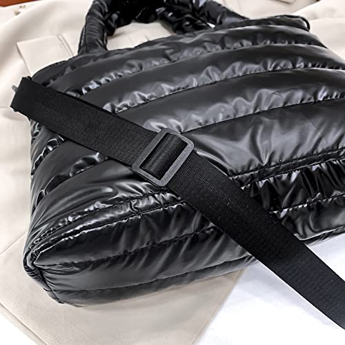 AZURAOKEY Puffer Tote Bag for Women, Quilted Cotton Padded Handbag, Women Soft Lattice Pattern Shoulder Bag Winter Down Cotton Padded Shoulder Bag Down Padding-Black