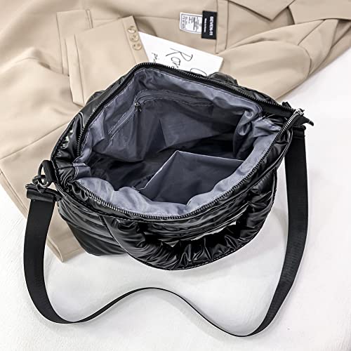 AZURAOKEY Puffer Tote Bag for Women, Quilted Cotton Padded Handbag, Women Soft Lattice Pattern Shoulder Bag Winter Down Cotton Padded Shoulder Bag Down Padding-Black