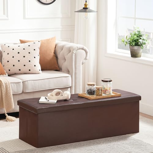 HOOBRO 43.3 Inchs Folding Storage Ottoman Bench, Storage Chest, Footrest, Coffee Table, Padded Seat, Upholstered Top, Holds up to 660 lb, for Living Room, Bedroom, Entryway, Brown BR110CW01