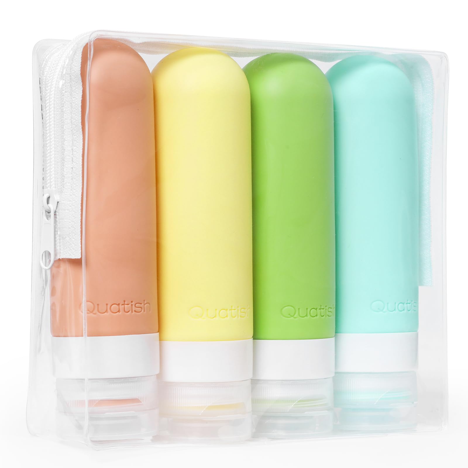 Quatish Travel Bottles 【Original Patented】, 3 oz Tsa Approved Leak Proof Travel Containers for Toiletries, Silicone Shampoo Bottles, 4 Pack Travel Size Toiletries with Toiletry Bag, Multi-Color