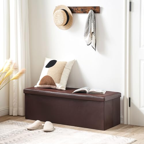 HOOBRO 43.3 Inchs Folding Storage Ottoman Bench, Storage Chest, Footrest, Coffee Table, Padded Seat, Upholstered Top, Holds up to 660 lb, for Living Room, Bedroom, Entryway, Brown BR110CW01