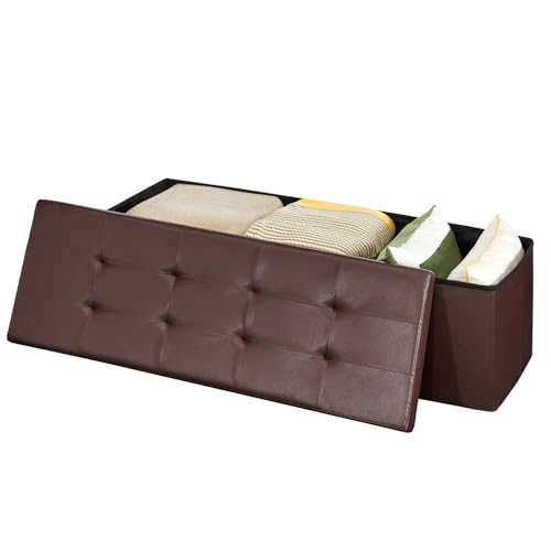 HOOBRO 43.3 Inchs Folding Storage Ottoman Bench, Storage Chest, Footrest, Coffee Table, Padded Seat, Upholstered Top, Holds up to 660 lb, for Living Room, Bedroom, Entryway, Brown BR110CW01