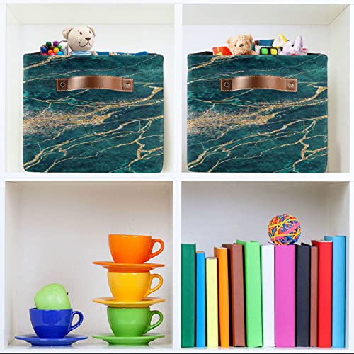 Kigai Collapsible Storage Basket with Handles, Gold Green Marble Canvas Fabric Storage Bins Toys Clothes Organizer for Bedroom, Nursery, Shelves, Closets (2PACK)
