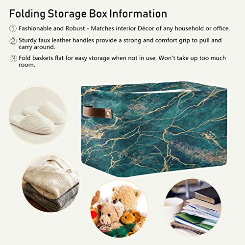 Kigai Collapsible Storage Basket with Handles, Gold Green Marble Canvas Fabric Storage Bins Toys Clothes Organizer for Bedroom, Nursery, Shelves, Closets (2PACK)