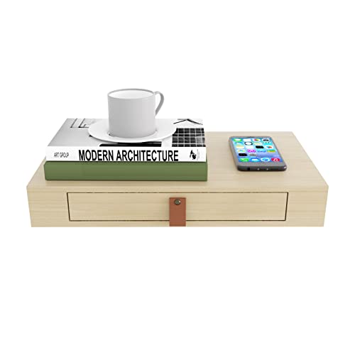 Floating Shelf with Drawer, Floating Nightstand for Bedroom - 16” Wall Mounted Shelf Storage for Living Room, Bedroom, Office Floating Bedside Table (Natural)