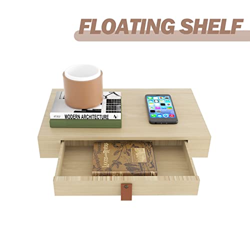 Floating Shelf with Drawer, Floating Nightstand for Bedroom - 16” Wall Mounted Shelf Storage for Living Room, Bedroom, Office Floating Bedside Table (Natural)