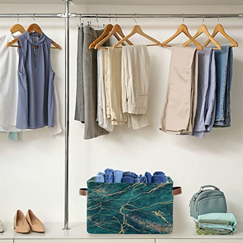 Kigai Collapsible Storage Basket with Handles, Gold Green Marble Canvas Fabric Storage Bins Toys Clothes Organizer for Bedroom, Nursery, Shelves, Closets (2PACK)